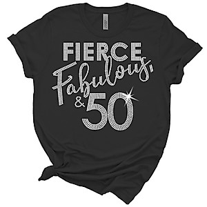 50th Birthday Tshirt for Women - Real Crystal Rhinestone Glam Fierce Fabulous & 50 50th Birthday T-Shirt - Plus Size Birthday Shirt - 2XL - Black Tee(GlmFF50 RS) blk/2xl