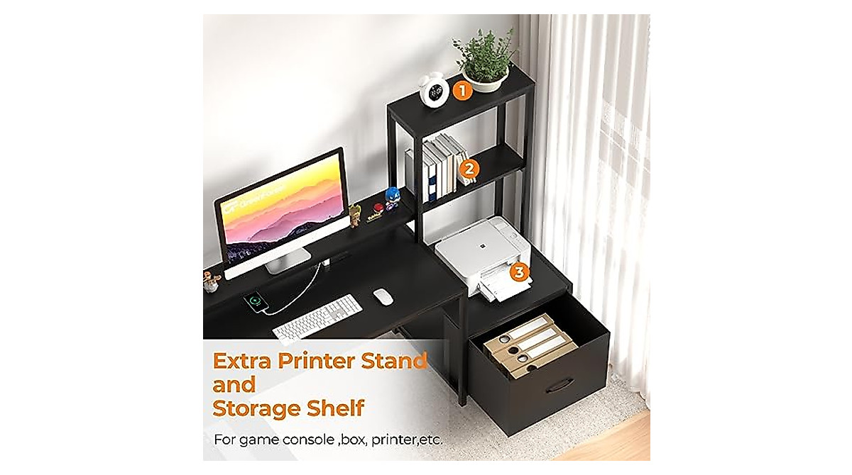 GreenForest L Shaped Desk with Storage and USB Charging Ports