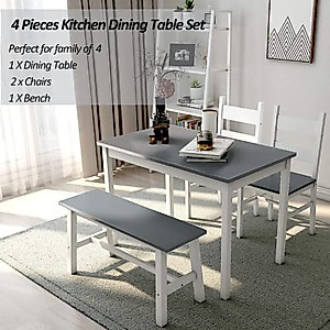 Solid Wood 4 PC Dining Table and Chair Set, Bench, Rectangular, Modern Farmhouse Dinette Table Set for Kitchen, Dining Room, Easy Assembly