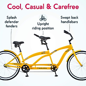 Kulana Lua Tandem Bike, Beach Cruiser Bike for Adult Men Women, Double Rider Bicycle, 26-Inch Wheels, Steel Frame, Single Speed, Yellow