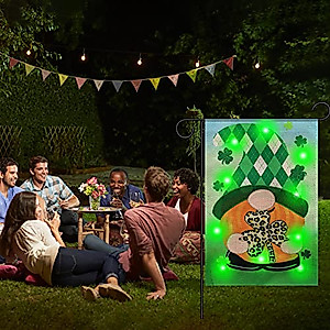 St Patrick's Day Garden Flag with Green Led Lights Good Shamrock Luck Truck Gnome 12 X 18 Inch Double Sided Garden Flag Durable Burlap Shamrock Garden Flag for Lawn Party Outdoor Decorations (Gnome-3)