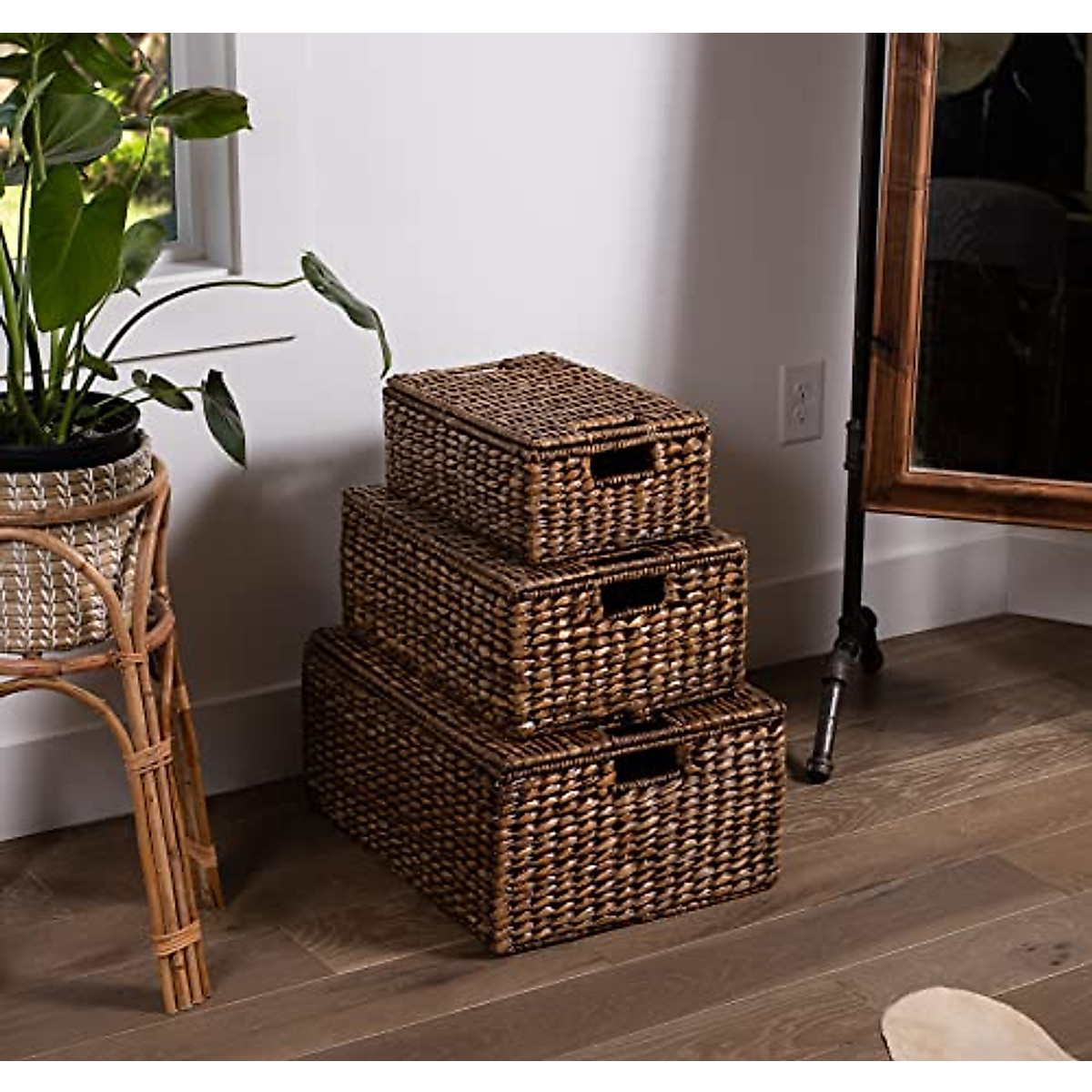 BIRDROCK HOME Seagrass Floor Baskets with Lids - Set of 3 - Brown Wash - Hand Woven Container for Blankets Pillows - Sturdy Metal Frame - Organization - Storage