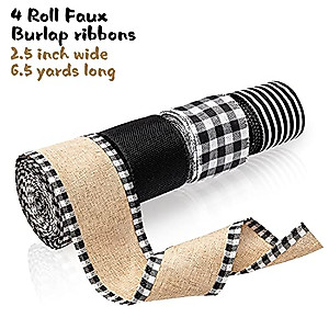 MALLMALL6 4 Rolls Farmhouse Wired Edge Faux Burlap Ribbons 2.5" x 30 Yards Plaid Check Black White Gray Stripe Ribbon Linen Sackcloth Crafts for Flower Wreath Floral Bouquet Wrapping Home Decor