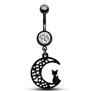 Jewseen 14g 316L Surgical Steel Belly Button Rings with Black Moon Cute Cat Dangle Navel Rings Piercing