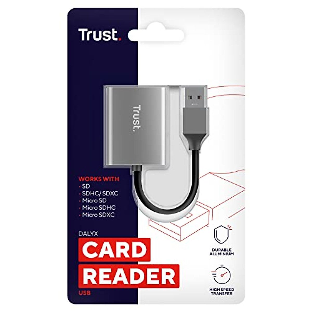 Trust Dalyx Fast USB Cardreader, Fast USB 3.2 Gen 1 with USB-A Connector, 104 MB/s with Compatible UHS-I Cards, (Micro) SD, SDHC and SDXC up to 2 TB, MacBook, PC, Laptop, Chromebook