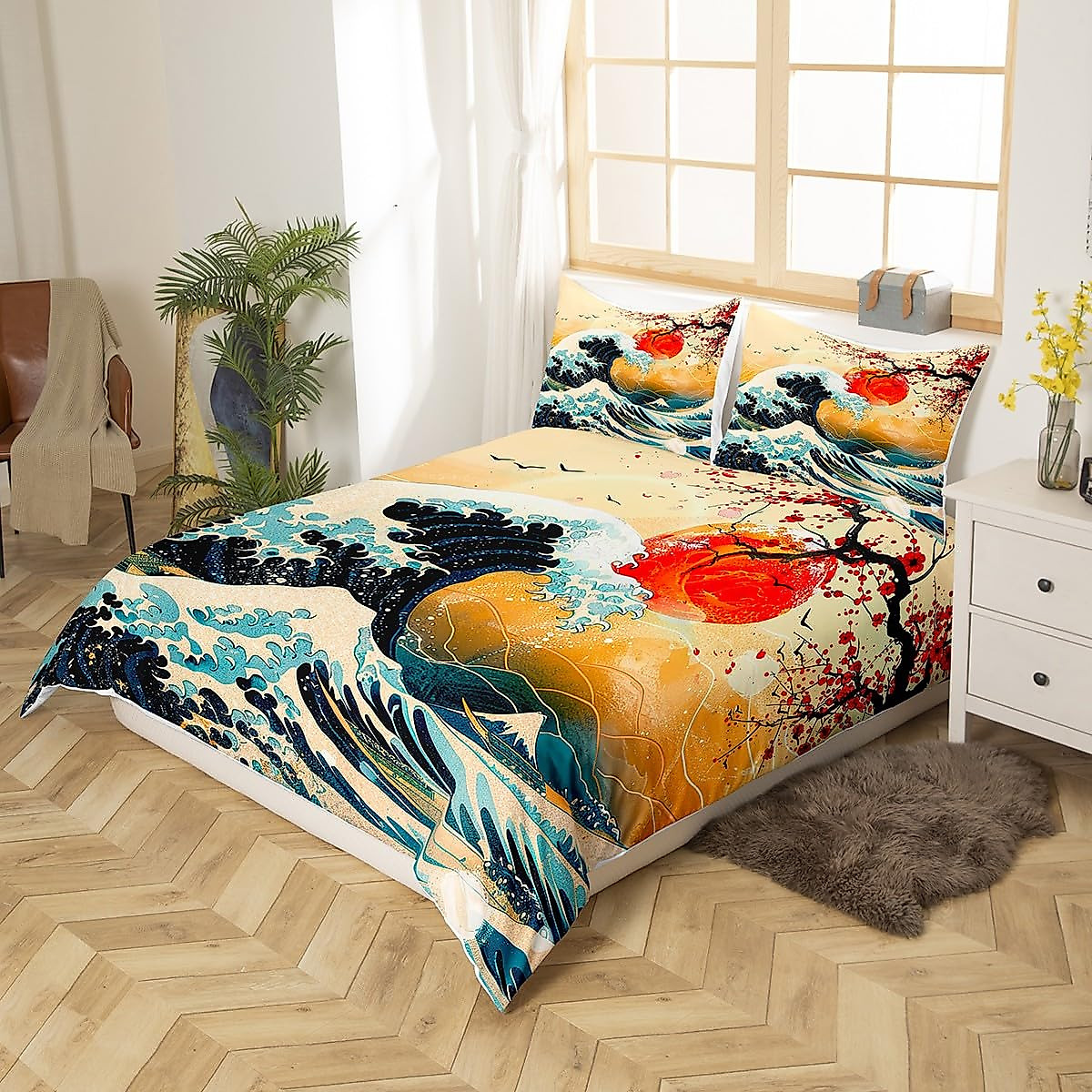 Feelyou Japanese Wave Bedding Set King Size Kids Cherry Blossoms Comforter Cover Set for Boys Girls Teens Japanese Ukiyoe Theme Home Decor Duvet Cover Red Sun Japanese Style Bedspread Cover
