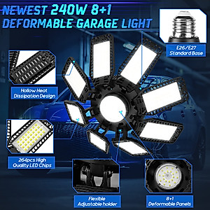 ISKYDRAW Garage Lights - 240W LED Garage Light 2 Pack 24000lm Garage Lights Ceiling LED with 8 Deformable Panels, Shop Light 6500K fit for E26 E27 Bulb Socket, Lighting for Workshop Basement Barn