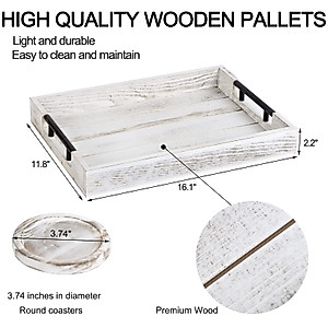 Wooden Serving Ottoman Tray with 4 Coasters,Breakfast Tray with Handles,Ottoman Tray Home Decor for Living Room Ottoman,Wooden Trays for Coffee Table