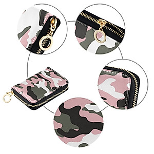 Camo Camouflage Pink Grey White Credit Card Coin wallet, RFID Blocking Compact Women Leather Card Holder, Key Change Organizer, Zipper Purse Clutch Pouch Pocket