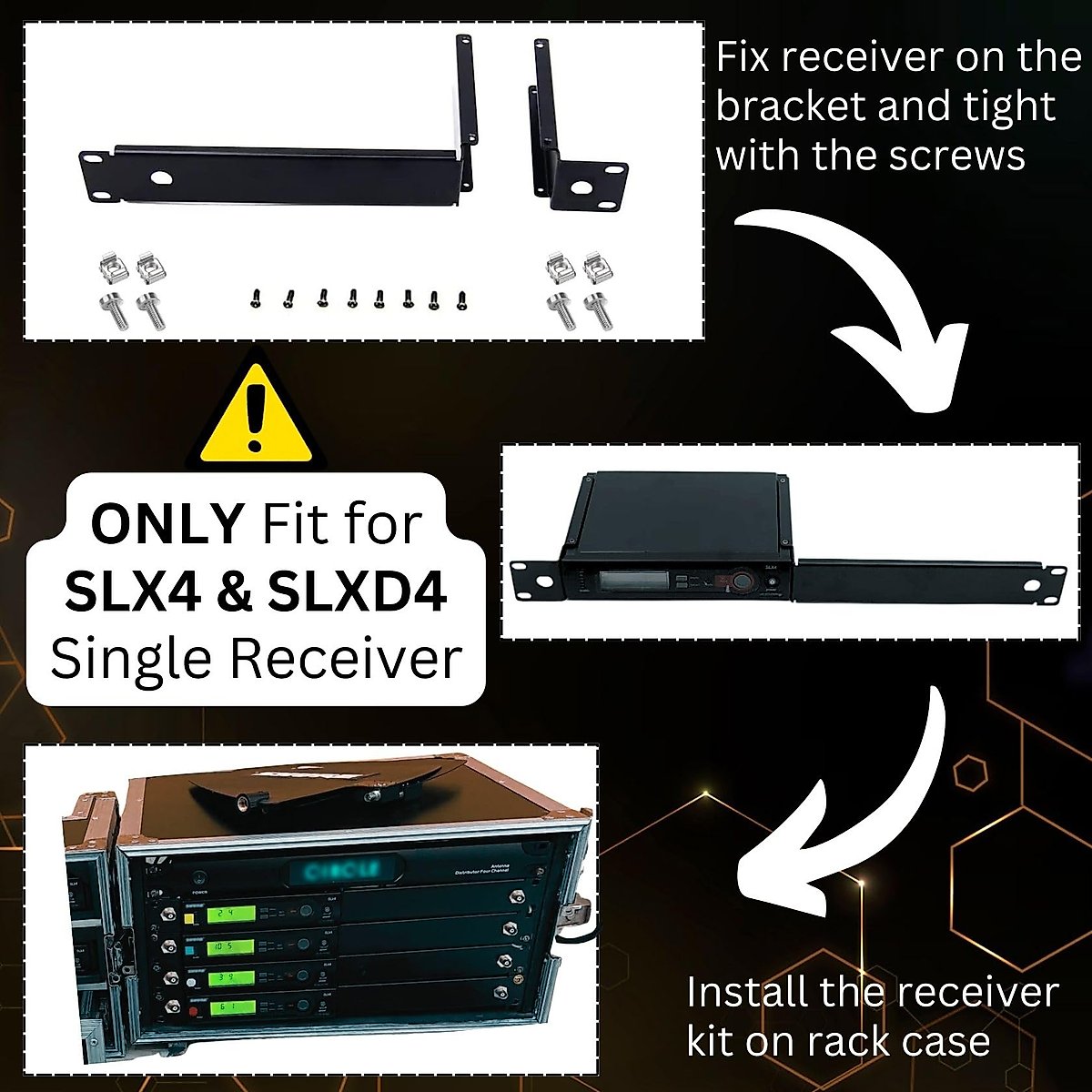 Antenna Distributor Bracket Hardware Kit for Mounting Shuer SLX4 SLXD4 Wireless Microphone Single Receiver on 19'' Audio Rack Case (for 1 Receiver)