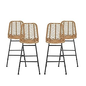 Great Deal Furniture Angela Outdoor Wicker Barstools (Set of 4), Light Brown and Black