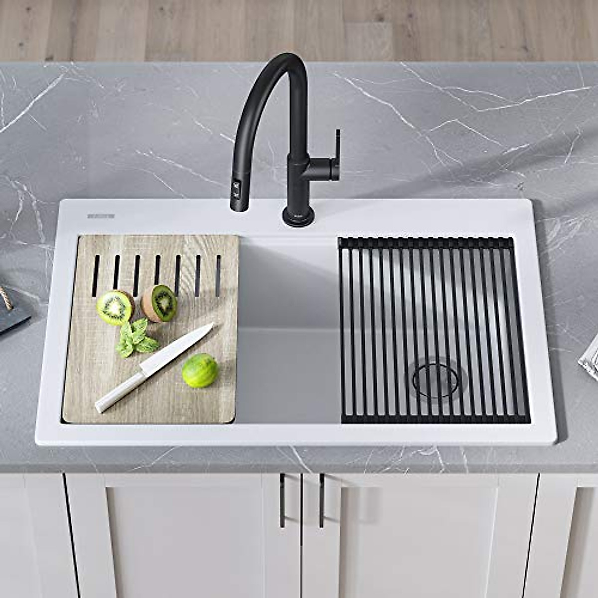 KRAUS Bellucci Workstation 33 in. Drop-In Granite Composite Single Bowl Kitchen Sink in White with Accessories with WasteGuard™ Continuous Feed Garbage Disposal, KGTW1-33WH-100-75MB