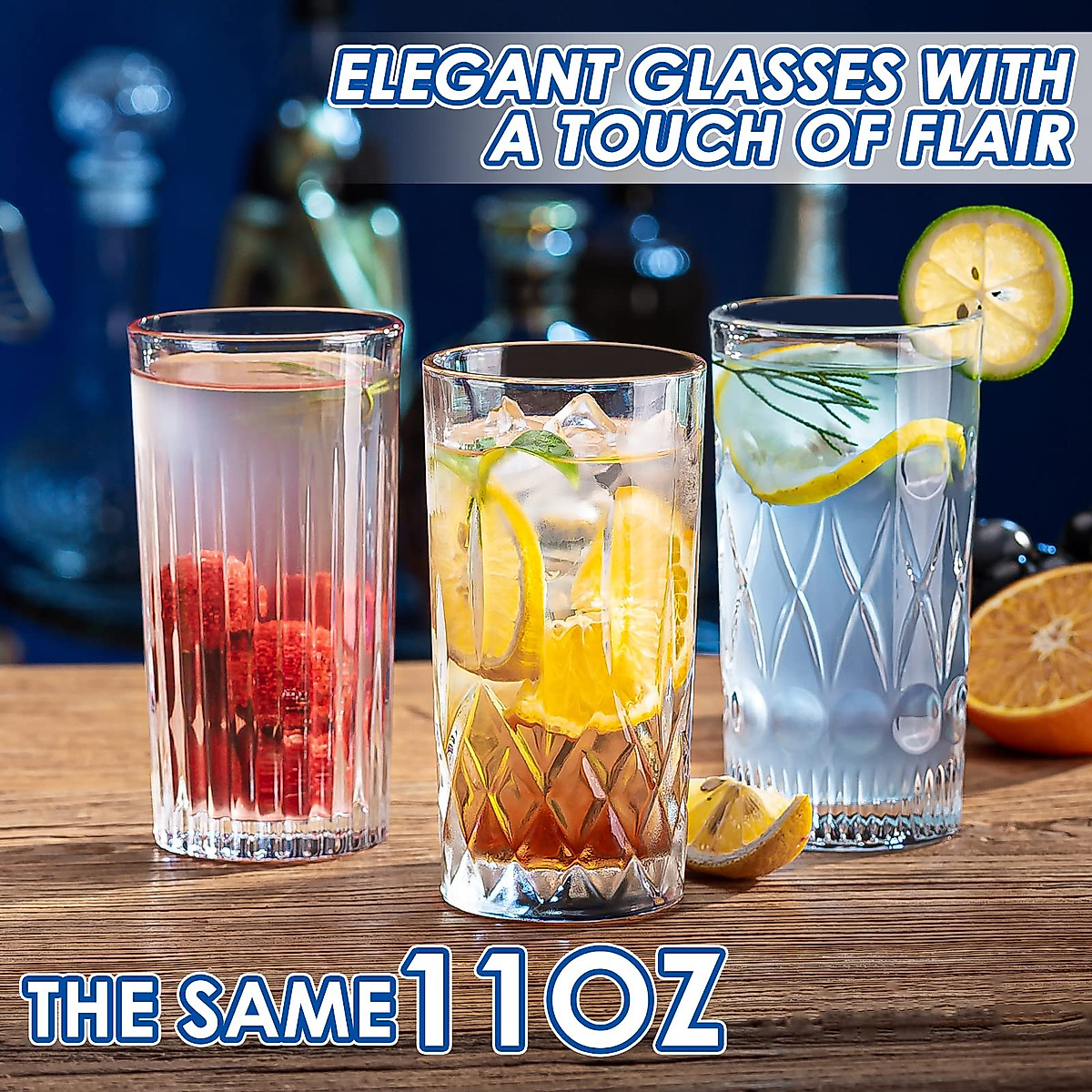 Claplante Crystal Highball Glasses, 6 Pack Glass Drinking Glasses, 11 oz Durable Drinkware Cups for Cocktails, Water, Juice, Beer, Wine-Special Edition Glassware Set, Dishwasher Safe(Mixed)