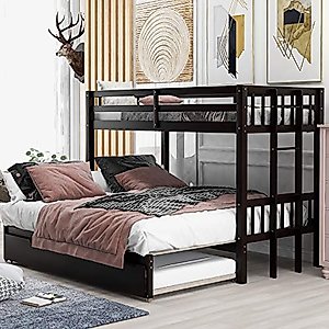 KLMM Twin Over Pull-Out Bunk Bed with Trundle, Wooden Twin Over Twin/Full/Queen/King Bunk Bed, Accommodate 4 People Extendable Bunk Beds with Ladder and Safety Rail (Espresso)