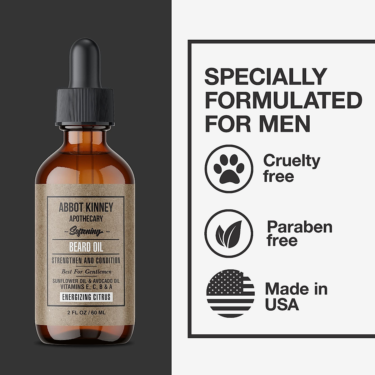 ABBOT KINNEY APOTHECARY Beard Oil for Men - Natural Ingredients, Energizing Citrus Scent, Promotes Healthy Growth, Ideal for Dry Flaky Skin - Beard Conditioner - 2 Fl Oz