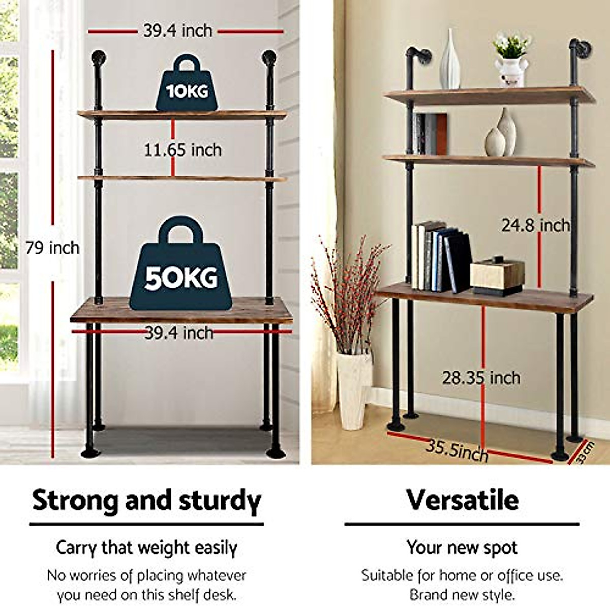 LOKKHAN 79-inch Industrial Laptop Desk Solid Wood Computer Desk Wall Pipe Desk with Shelves Computer Table for Home Office (L:40 inch)