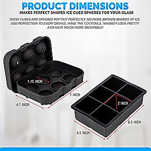 Ice Cube Trays Silicone (Set of 2) Whiskey Ice Ball Mold, Ice Ball Maker Mold, Round Ice Cube Mold, Sphere Ice Cube Mold, Square Large Ice Cube Tray for Cocktails & Bourbon - Easy Release BPA Free