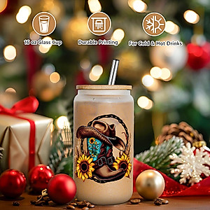 LEADO Western Cowgirl Hat Cups, Cowgirl Boots Glass Cup Mug, 16 oz Frosted Iced Coffee Cups w/Lid & Straw, Cowgirl Gifts, Western Stuff Gifts - Birthday, Christmas, Western Gifts for Women