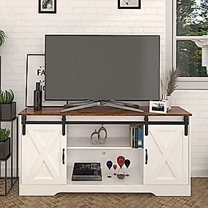 JOYSOURCE Farmhouse TV Stand Wood Sliding Barn Doors Entertainment Center, Modern TV Stand for 60 Inch TV, Television Stands with Adjustable Shelves Living Room TV Console, White Rustic