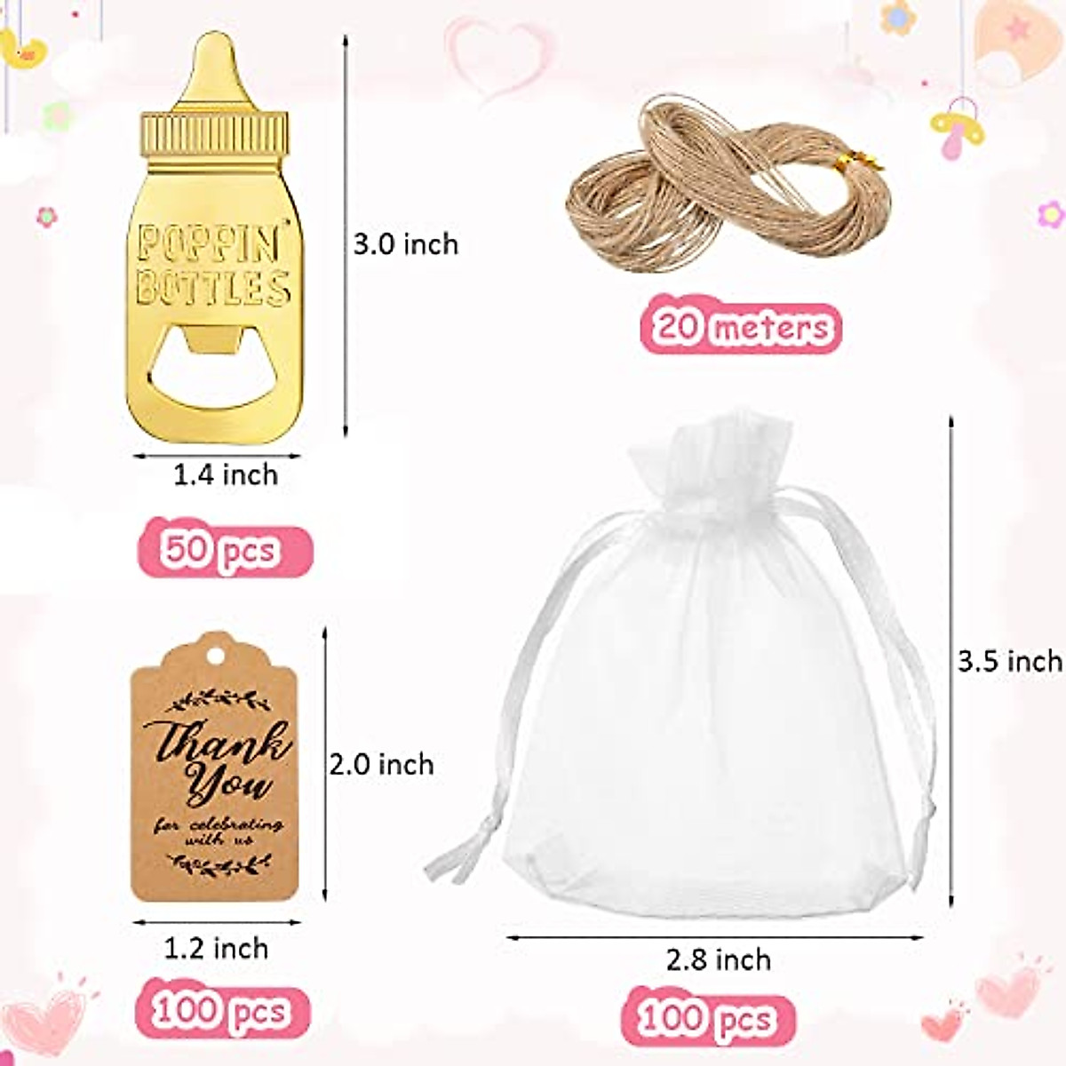 50 Pcs Baby Bottle Opener Baby Shower Party Favor Opener Cute Baby Bottle Shaped Bottle Opener Baby Shower Return Gifts for Guest Wedding Party Souvenir Kids Birthday Party (Gold, Classic Style)