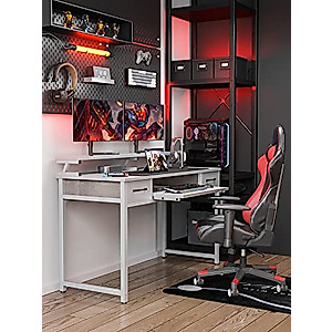 ODK Computer Desk with Keyboard Tray, 47 inch Office Desk with Drawers, Writing Desk with Monitor Shelf and Storage, Work Desk for Home Office/Bedroom, White
