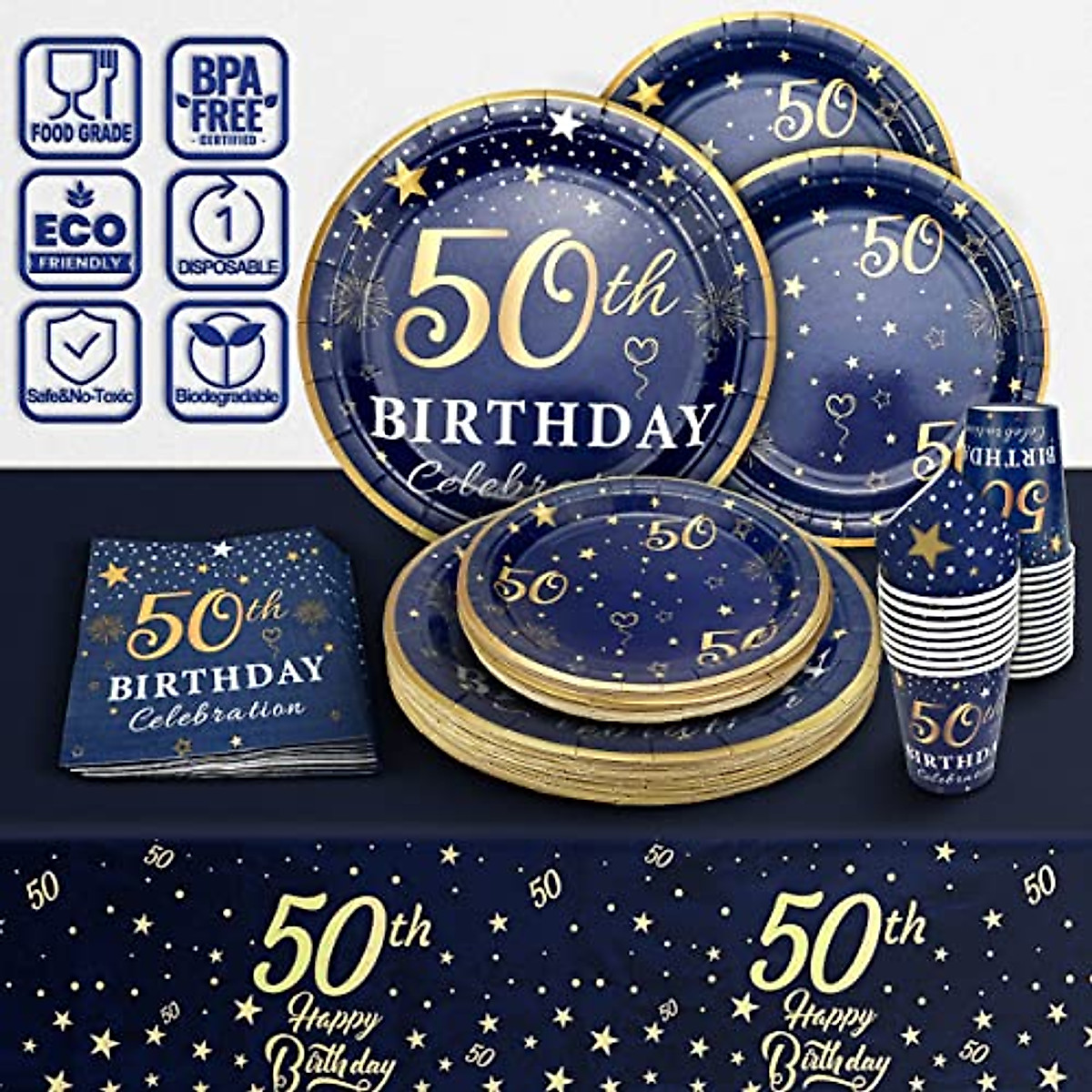 algpty 50th Birthday Decorations Plates and Napkins Blue and Gold, Service for 30, Birthday Party Bundle Includes Navy Blue Plates, Napkins, Cups 50th Birthday Supplies for Men Women