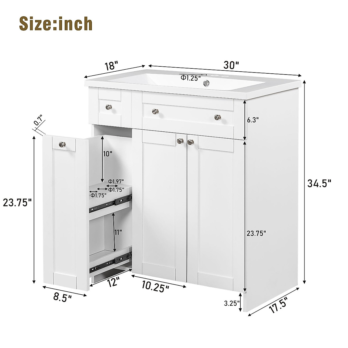 PULLAFUN 30" White Bathroom Vanity with Single Sink,Combo Cabinet Undermount Sink,Bathroom Storage Cabinet vanities