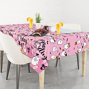 LARRAZABAL 3Pcs Happy Boo Day Tablecloth, Pink Halloween Plastic Tablecloth Disposable Ghost Theme Table Cover for Halloween Birthday Party Supplies, 54 x 108 Inch