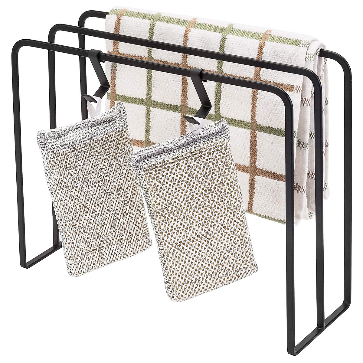 MyGift Black Metal Kitchen Countertop Dish Cloth Drying Rack, Dishcloth Holder with 2 Sponge Hooks