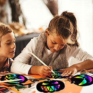 JULMELON 48 Pieces Halloween Scratch Paper Crafts Kit Bulk of Halloween Pumpkins Magic Rainbow Scratch Art for Kids DIY Party Ornaments Halloween Decor with 6 Pcs Halloween Pumpkins Stencils