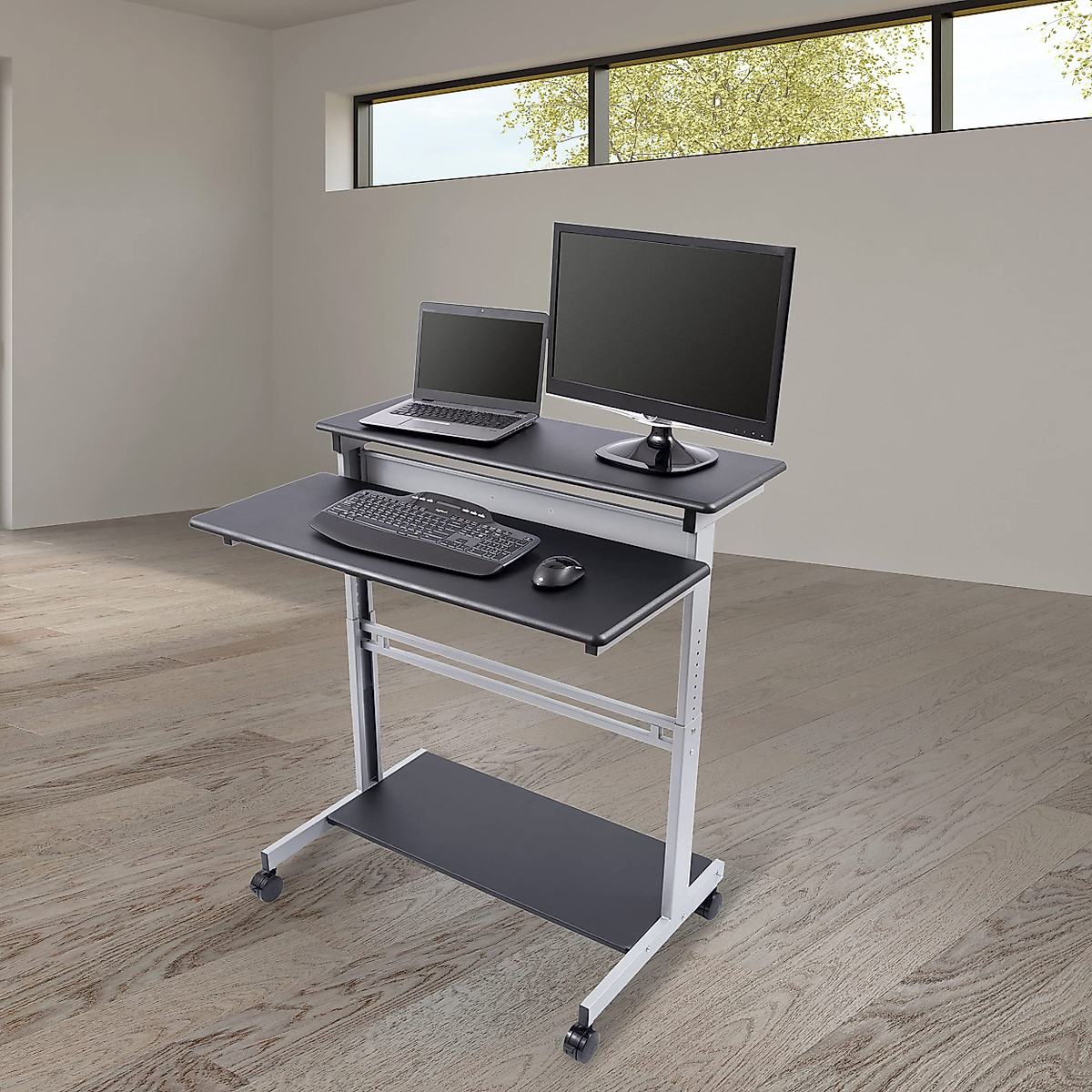 Stand Up Desk Store Rolling Adjustable Height Two Tier Standing Desk Computer Workstation (Silver Frame/Black Top, 40" Wide)