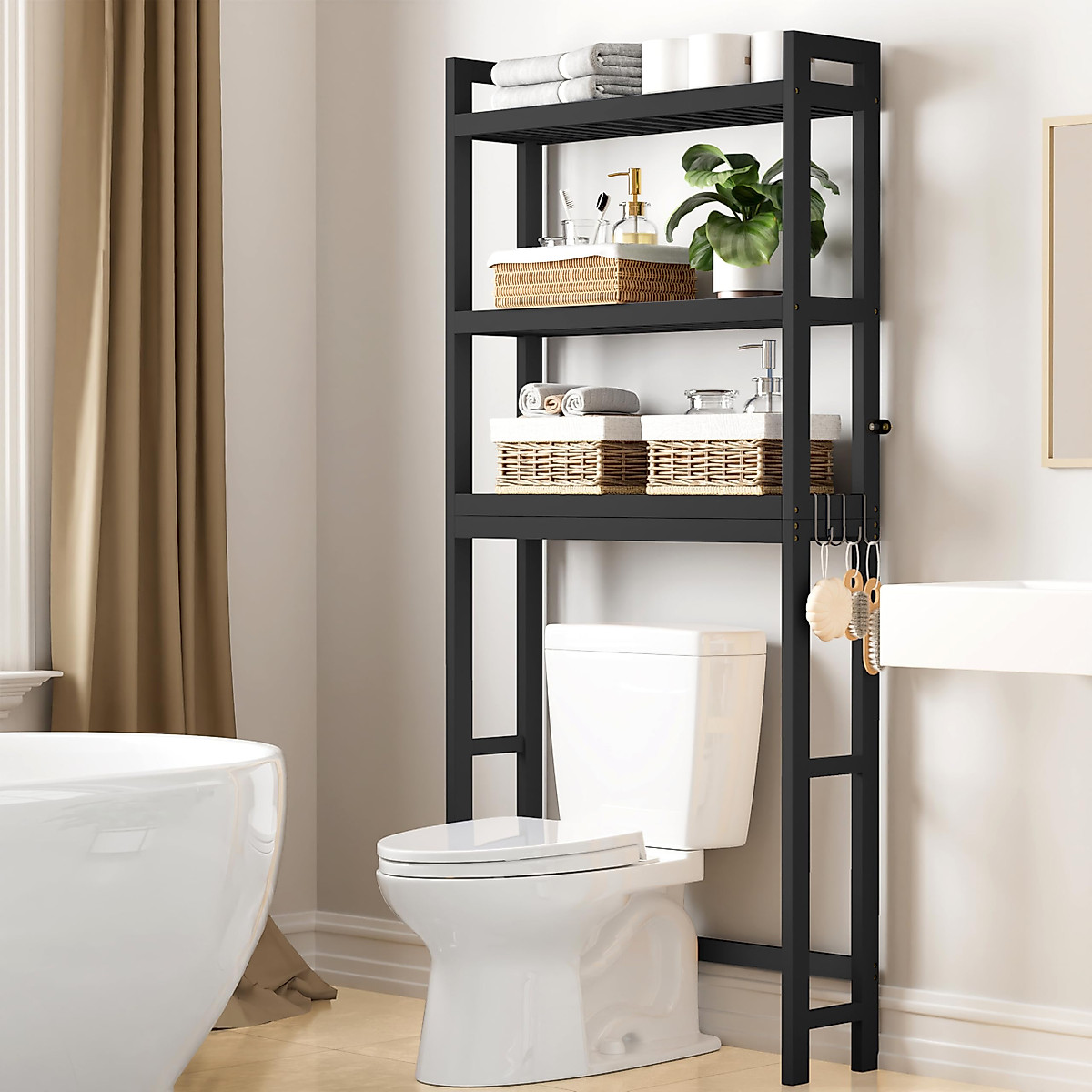 Smiry Over The Toilet Storage, Bamboo 3-Tier Over Toilet Bathroom Organizer with Adjustable Shelf, Fit Most Toilets, Space Saving, Stable Freestanding Storage Cabinet with 4 Hooks, Black