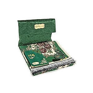 Muslim Prayer Rug, Beads and Yaseen Prayer Book with Elegant Velvet Fabric Bag | Janamaz | Sajadah | Soft Islamic Prayer Rug | Islamic Gifts | Prayer Carpet Mat, Chenille Fabric, Green