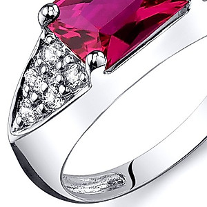 PEORA Created Ruby Statement Ring in Sterling Silver, Elegant Linear Design, 2 Carats Radiant Cut, 8x6mm, Comfort Fit, Size 8