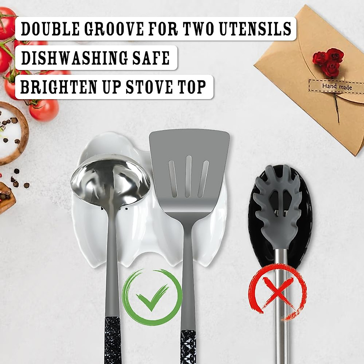 Spoon Rest for Stove Top - DoubleGroove Spoon Holder for Cooking Spoons Spatula Kitchen Decor Kitchen Counter Ceramic Spoon Rest Gift Box Ready Kitchen Decor