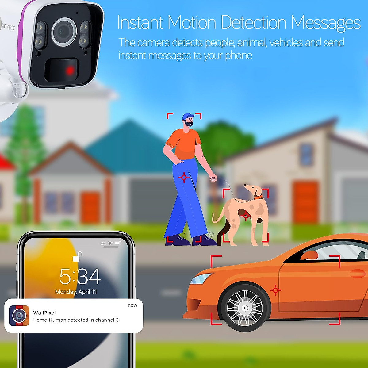 XMARTO 100% Wire-Free 4MP HD Solar Security Camera Wireless for Home Surveillance (All-Weather Solar Charge, AI Motion Detection, Spot Light and Siren, SD, NVR & Cloud Storage)