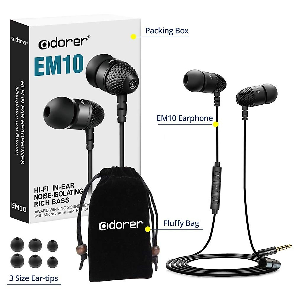 Adorer Wired Earphones, EM10 Powerful Bass in Ear Headphones with Microphone and Volume Control, Noise Isolating Earphones - Black