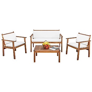Devoko Patio Furniture 4 Piece Acacia Wood Outdoor Conversation Sofa Set with Table & Cushions Porch Chairs for Garden, Deck, Backyard, Beige