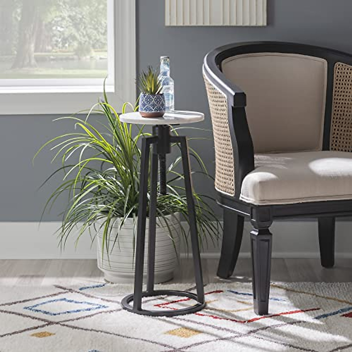 Powell White Marble Top Drink Industrial Style Black Metal Adjustable Height Base Muriel Side Table