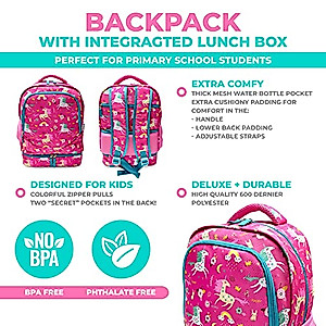 Unicorn Backpack with Lunch Box for Girls, Cute 15” Girl Backpacks and Integrated Lunch Bag with Water Bottle Pocket Holder, Insulated Padded Travel Bags Boxes for Elementary School Kids, Pink Teal