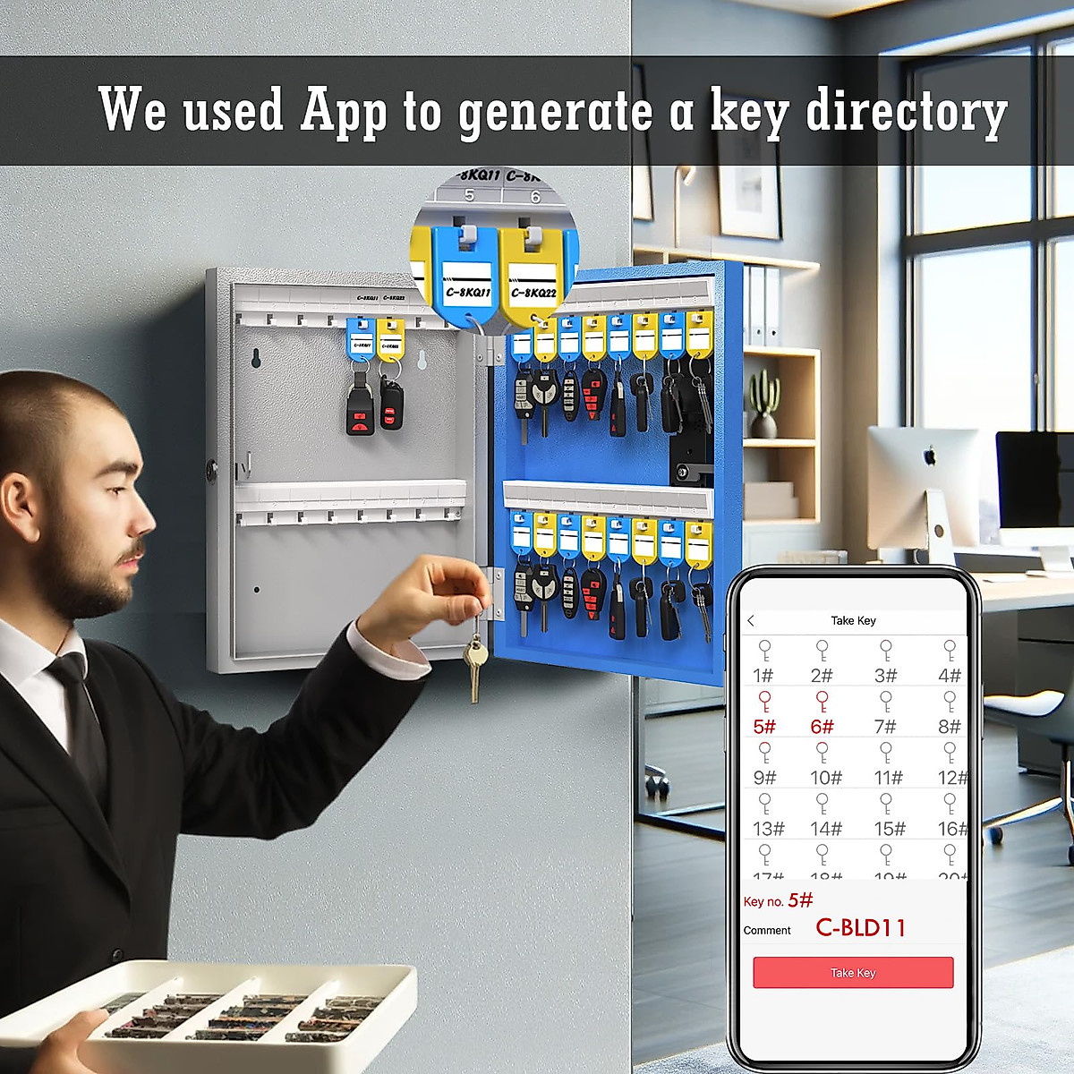 DiDiHere 32 Key Lock Box, Smart Key Cabinet Wall Mount, 4-Ways Unlocking, Key Organizer Security Storage, Key Safe Lockbox Holder for Valets, Hotels, Car, House Keys,, Blue