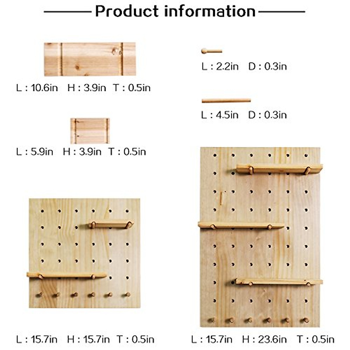 Creation Core Wooden Pegboard with 2 Floating Shelves & 6 Pegs Hooks Wall Storage Organizer System for Office Home Kitchen Decor 15.7x15.7, White