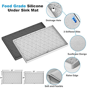Under Sink Mat Kitchen Waterproof - 34" x 22" for Kitchen and Bathroom Cabinets Under Shelf Liner Organizer Non-Slip Surface Drip Tray Undersink Protector,Light Gray