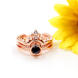 I Love You 100 Languages Projection Ring Couples Wedding Band Crown Tiara Engagement Promise Rings for Him and Her (Rose Gold & Crown)