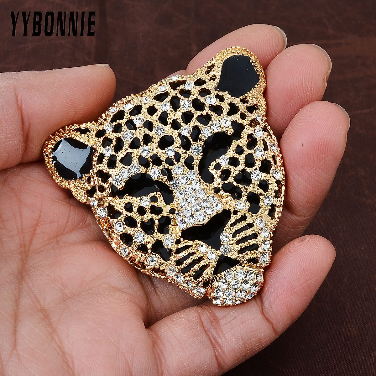 YYBONNIE Vintage Black Enamel Spotted Leopard Head Rhinestone Crystal Animal Brooch Pin Lapel Pin Badge (Gold)