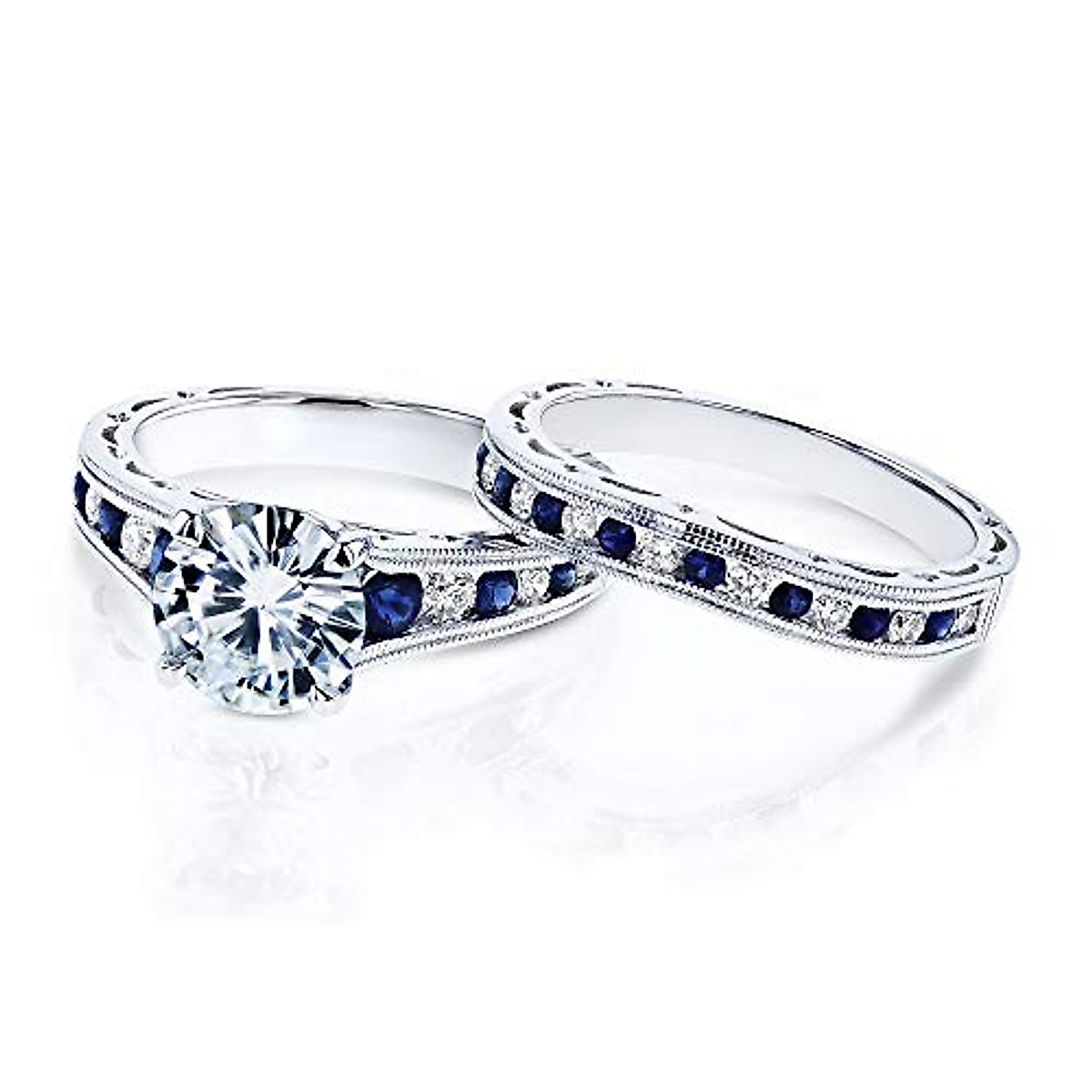 Kobelli Forever One (D-F) Moissanite Bridal Set and Sapphire 2 7/8 Carat in 14k White Gold, Size 10