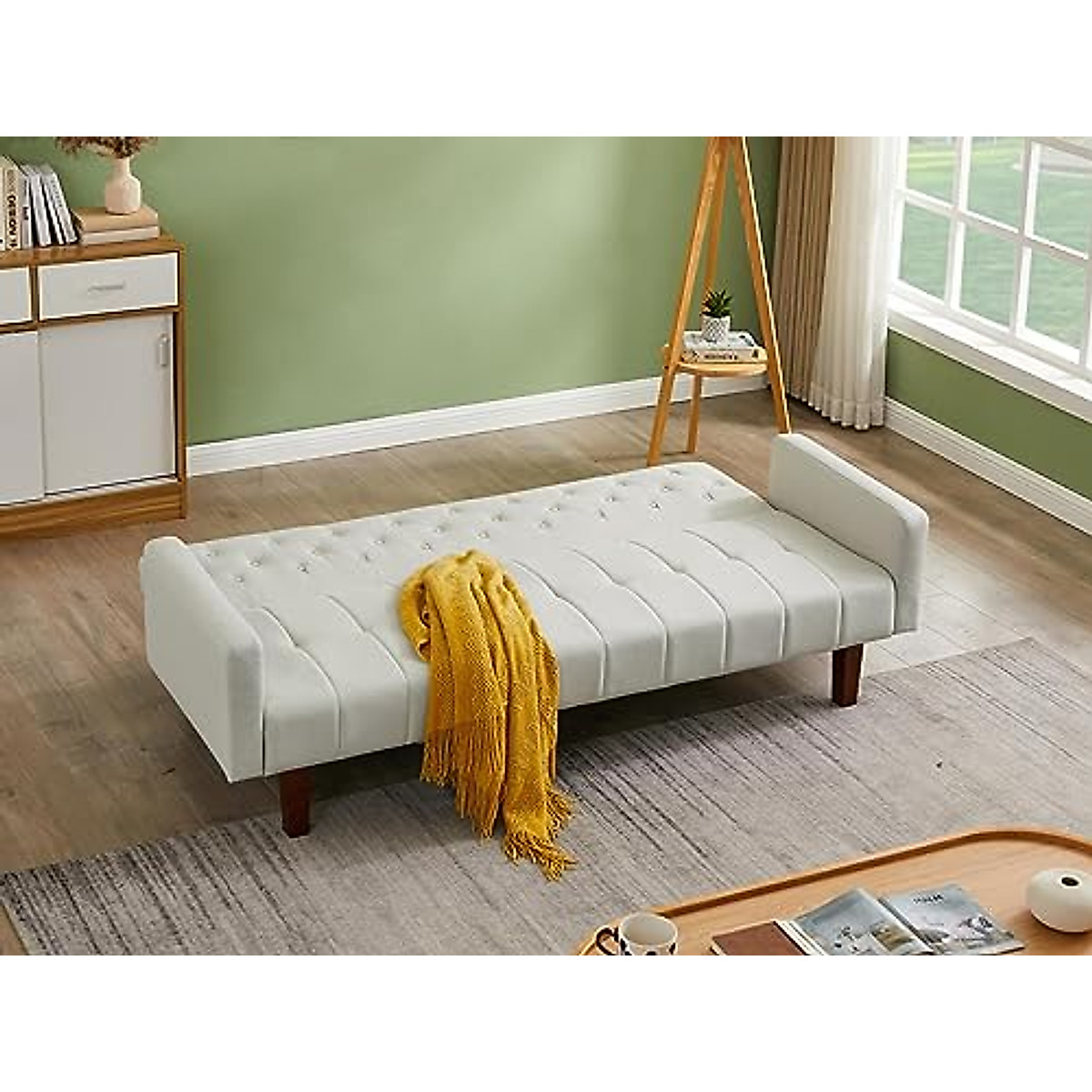BIVVI Linen Convertible Sofa Bed Sleeper Couch Double Folding Loveseat Futon Sofá Chair Daybed w/Adjustable Reclining Backrests,Lounge Couch for Living Room Apartment Home Office,Beige
