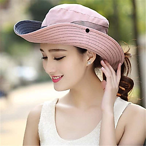 Womens Beach Sun Hat Mesh High Ponytail Hole Wide Brim UV Protection Bucket Hat Outdoor Fishing Cap Summer 22.5" (as1, Alpha, m, Pink)