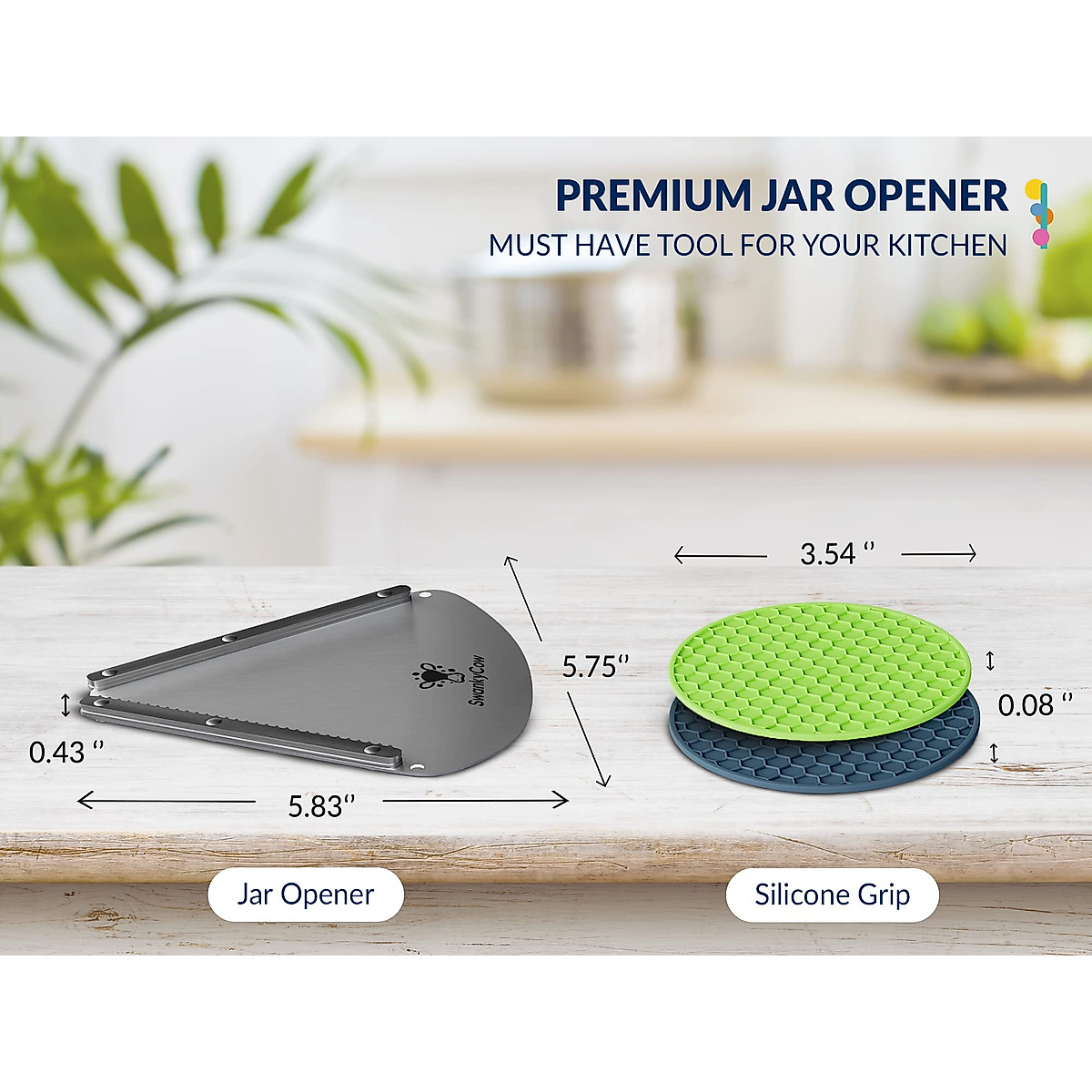 SWANKYCOW - Undercounter Stainless Steel Jar Opener & Bottle Cap Opener for Weak Hands or Seniors -Bonus Jar Opener Gripper Pads included - One Handed Jar Opener Gripper