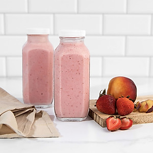 kitchentoolz 16oz Square Glass Milk Bottle with Plastic Airtight Lids - Vintage Reusable Dairy Drinking Jars Containers for Milk, Yogurt, Smoothies, Kefir, Kombucha, and Water- Pack of 2